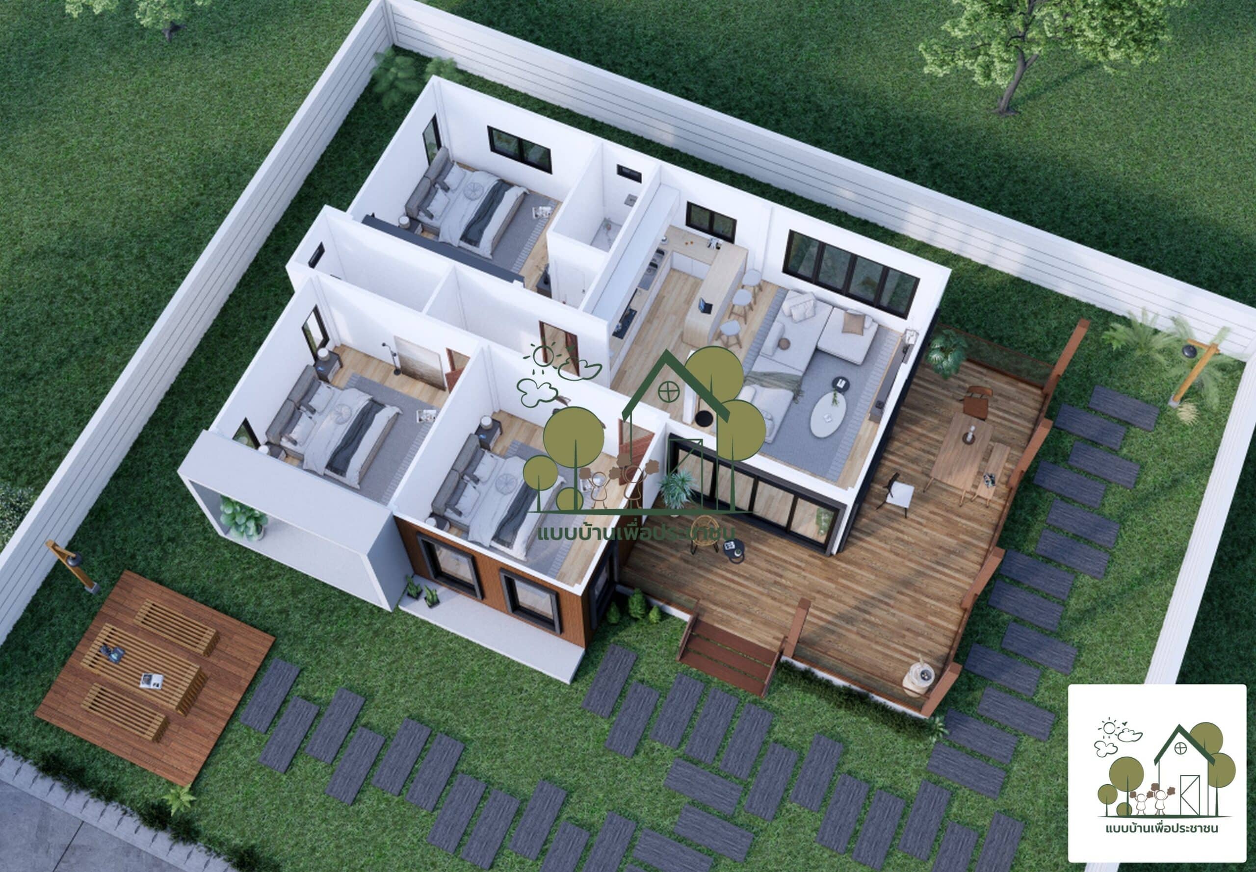 แปลนบ้านสำเร็จรูป A013 บ้าสไตล์โมเดิร์น 3 ห้องนอน 2 ห้องน้ำ